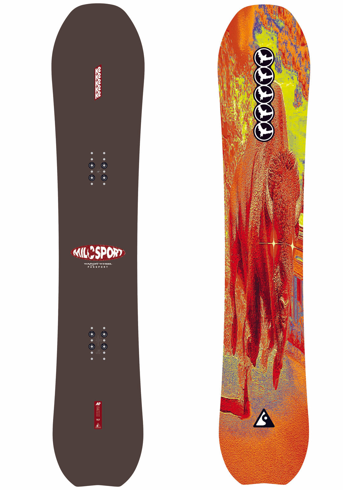 The K2 x Milosport Wagon Wheel Passport Snowboard 2025