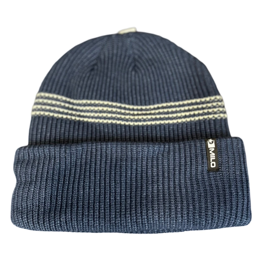 The Milo x Autumn Stripe Beanie in Natural and Navy Blue 2025